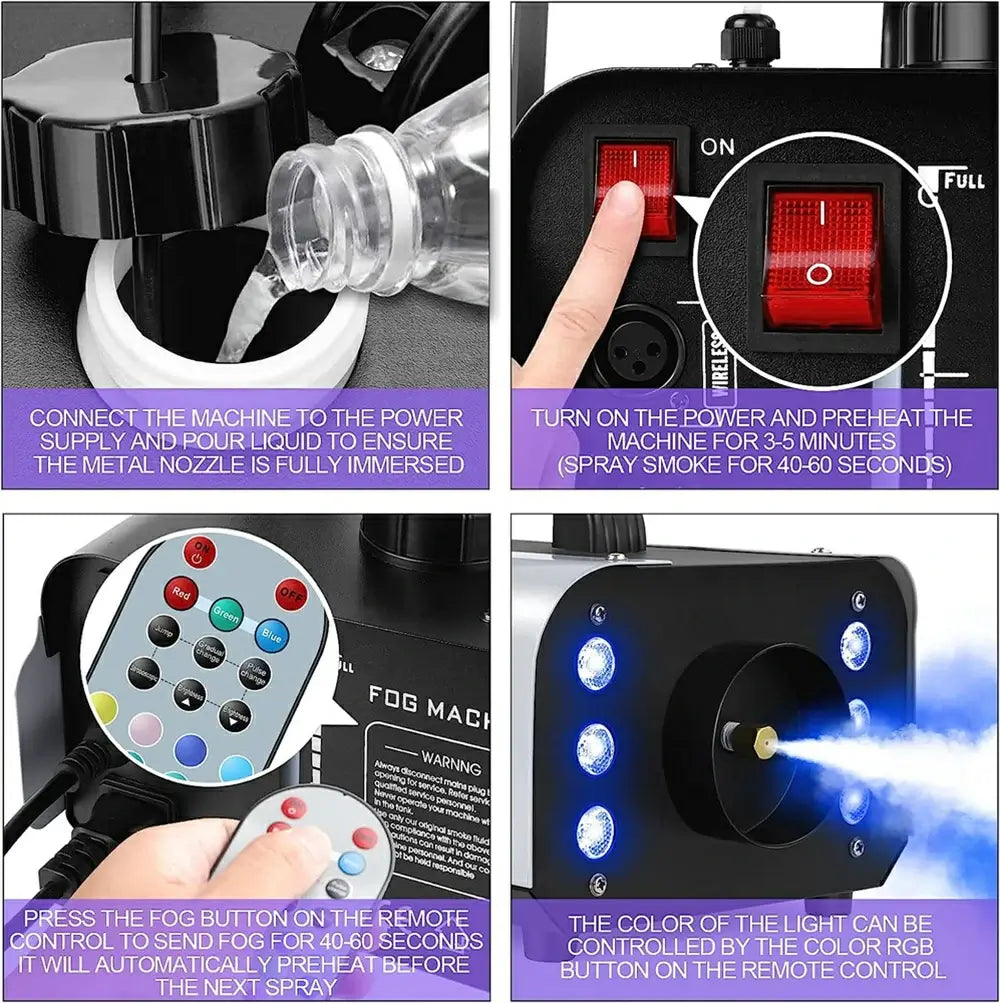 Fog Machine 1200W with Wireless Remote Control and 6 LED Lights ...